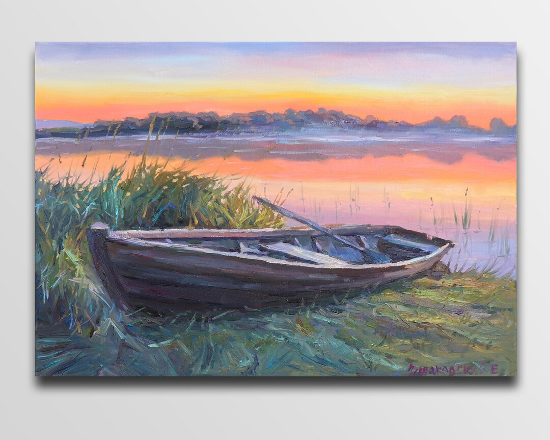 Boat Painting Oil Sea Oil Painting Boat Artwork Sunset Art River ...