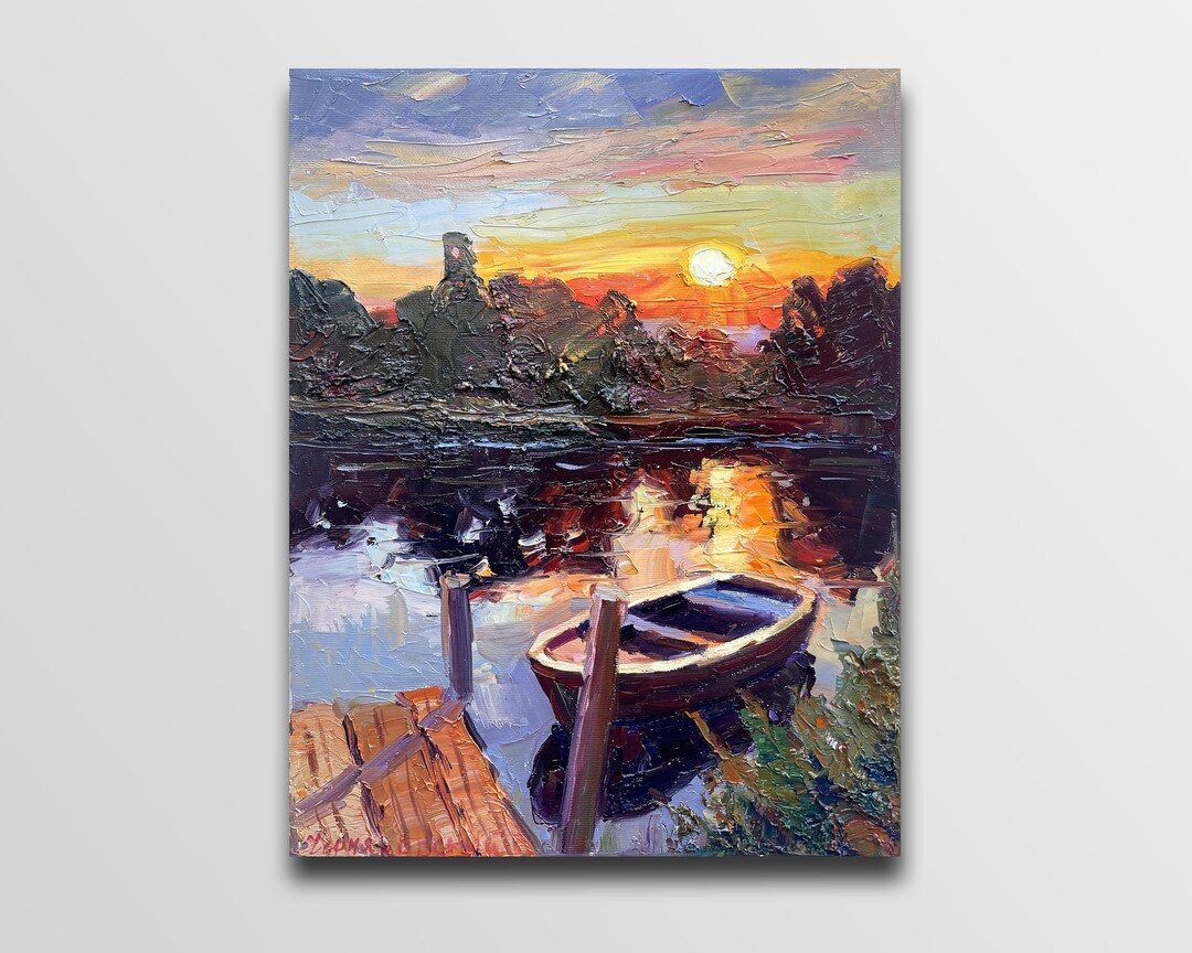 Boat Oil Painting Boat Artwork Sunset Painting Oil River Painting Pond ...