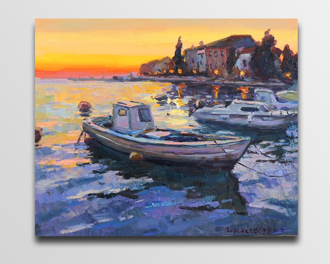 Boat Painting Oil Sea Oil Painting Boat Artwork Sunset Art River ...