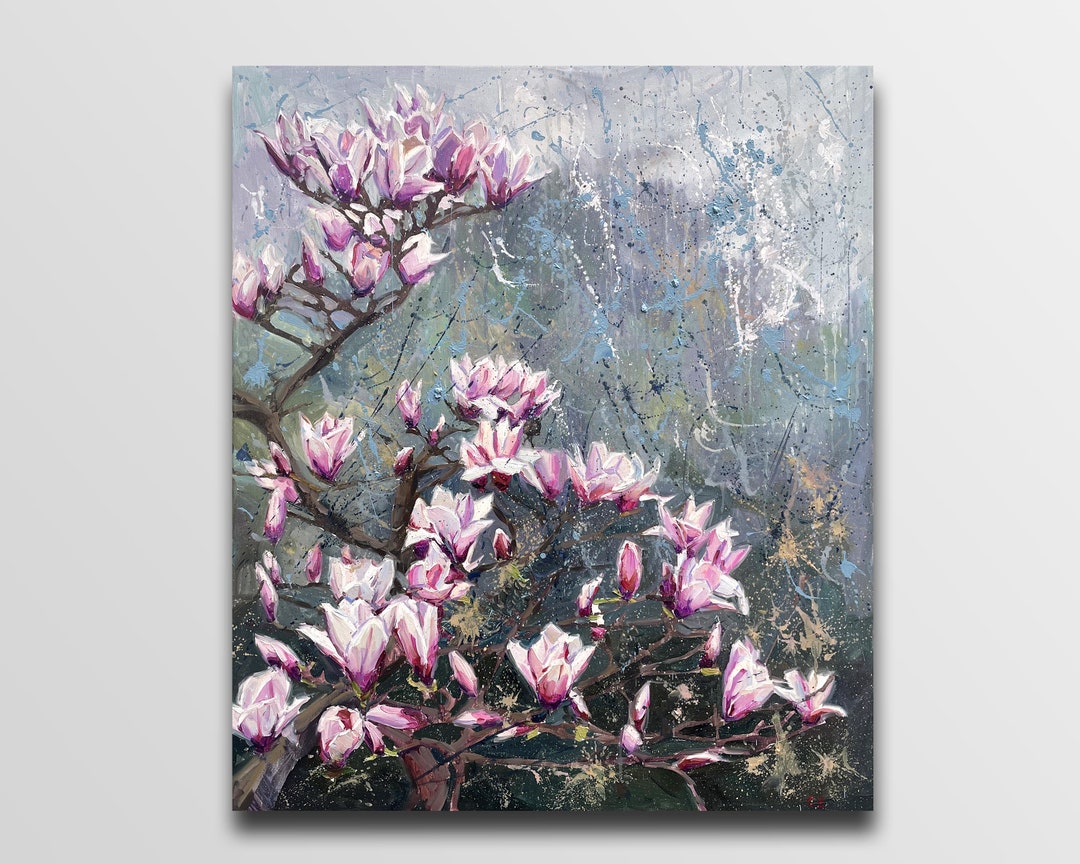 Magnolia Painting Oil Magnolia Branch Spring Flowers Blooming Garden ...