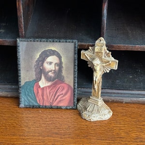 Vintage Composite Wood Crucifix and Framed Jesus Catholic Religious ...