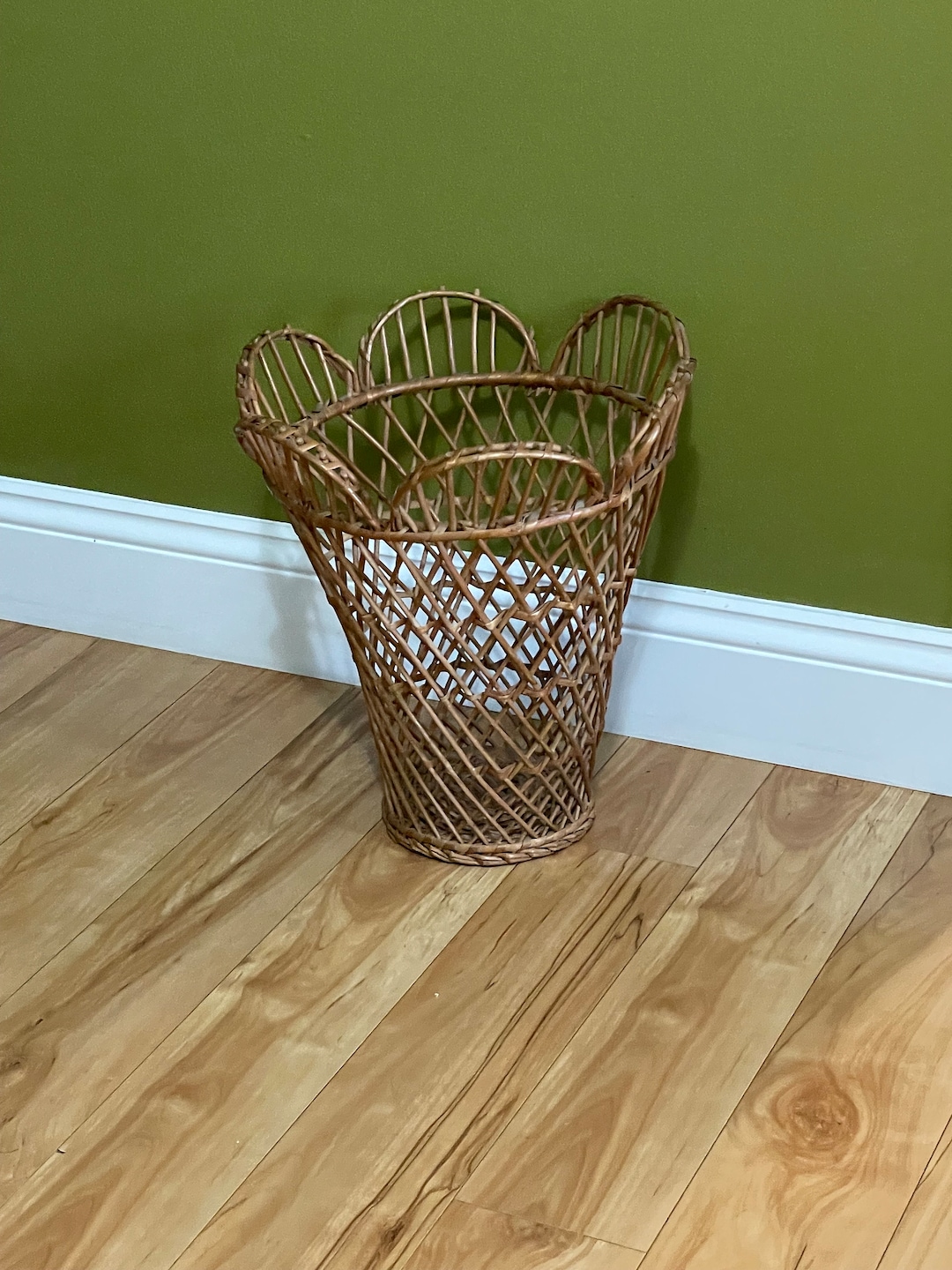 Unique Shape Vintage Woven Waste Basket Rattan Trash Can Boho - Etsy