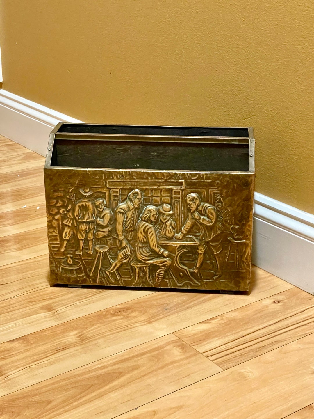 Vintage Brass and Wood Magazine Rack English Repousse Brass Victorian ...