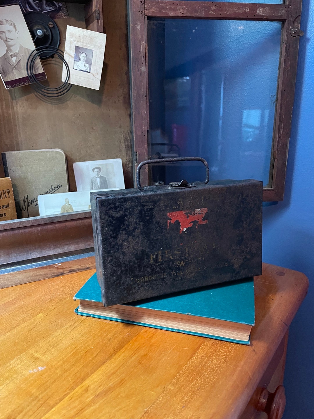 Unique Vintage First Aid Box Black Metal Tin With Handle Hinged Lid ...