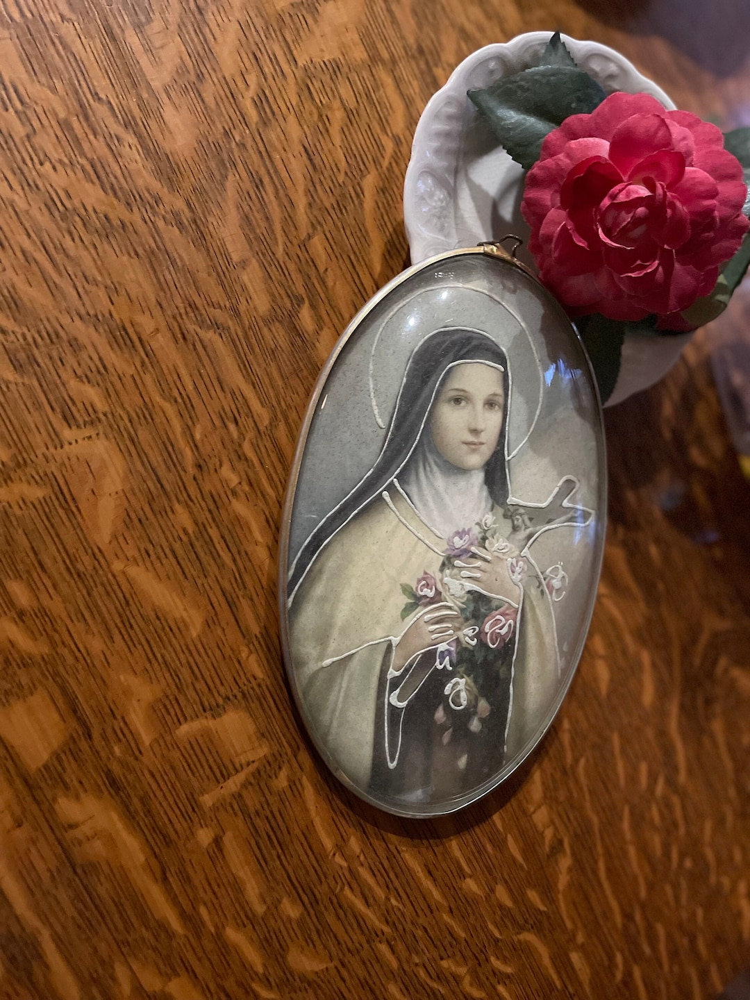 Vintage St Therese Art Wall Decor Unique Oval Frame Convex Glass the ...