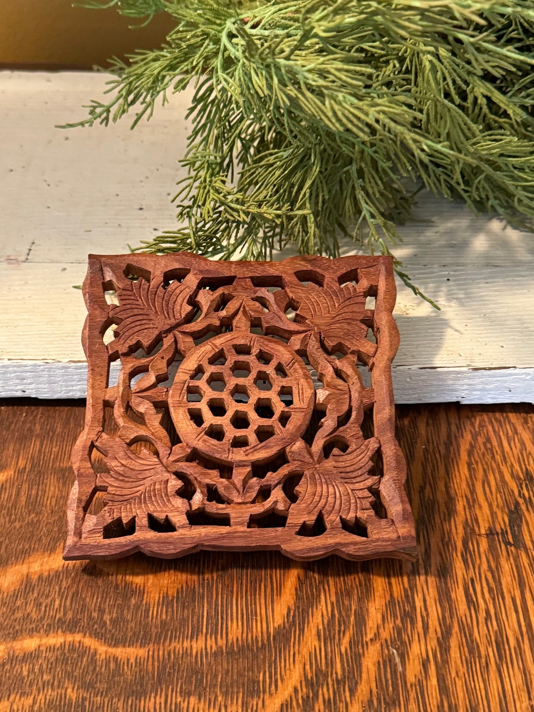 Carved Wood Trivet Plant Riser Floral Detailing Asian Inspired Decor ...