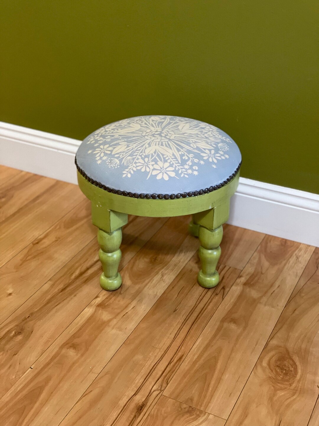 Round Footstool Green Painted Wood With Batik Style Fabric Padded Top ...