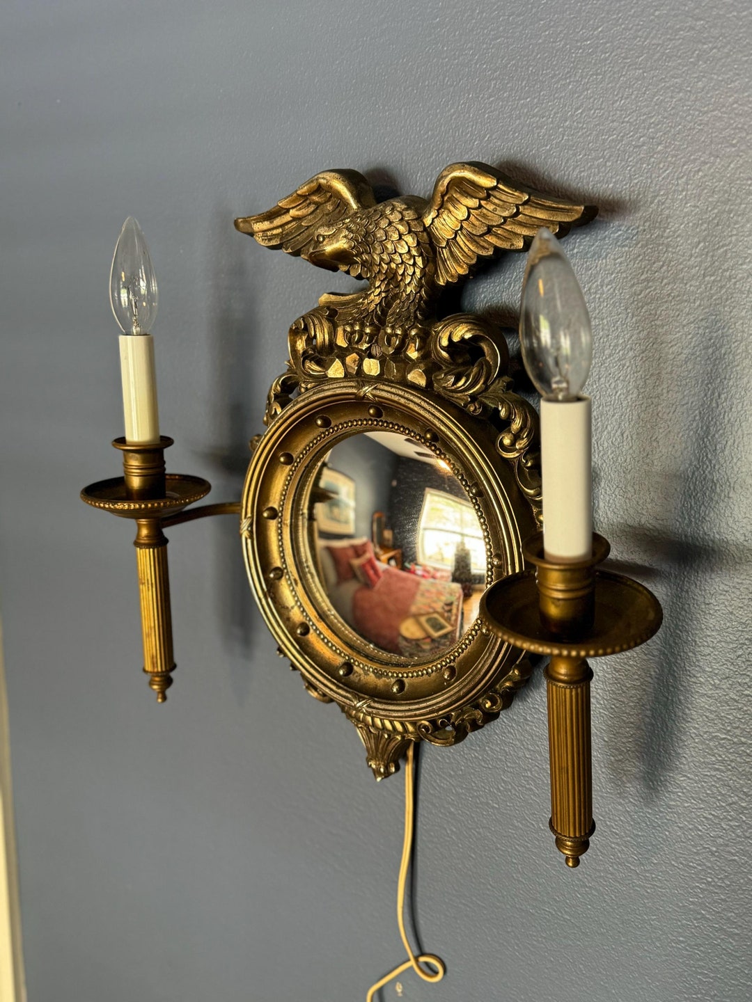 Vintage Syroco Electric Wall Sconce Convex Mirror Bullseye Mirror Gold Federal Mirror With Eagle ...