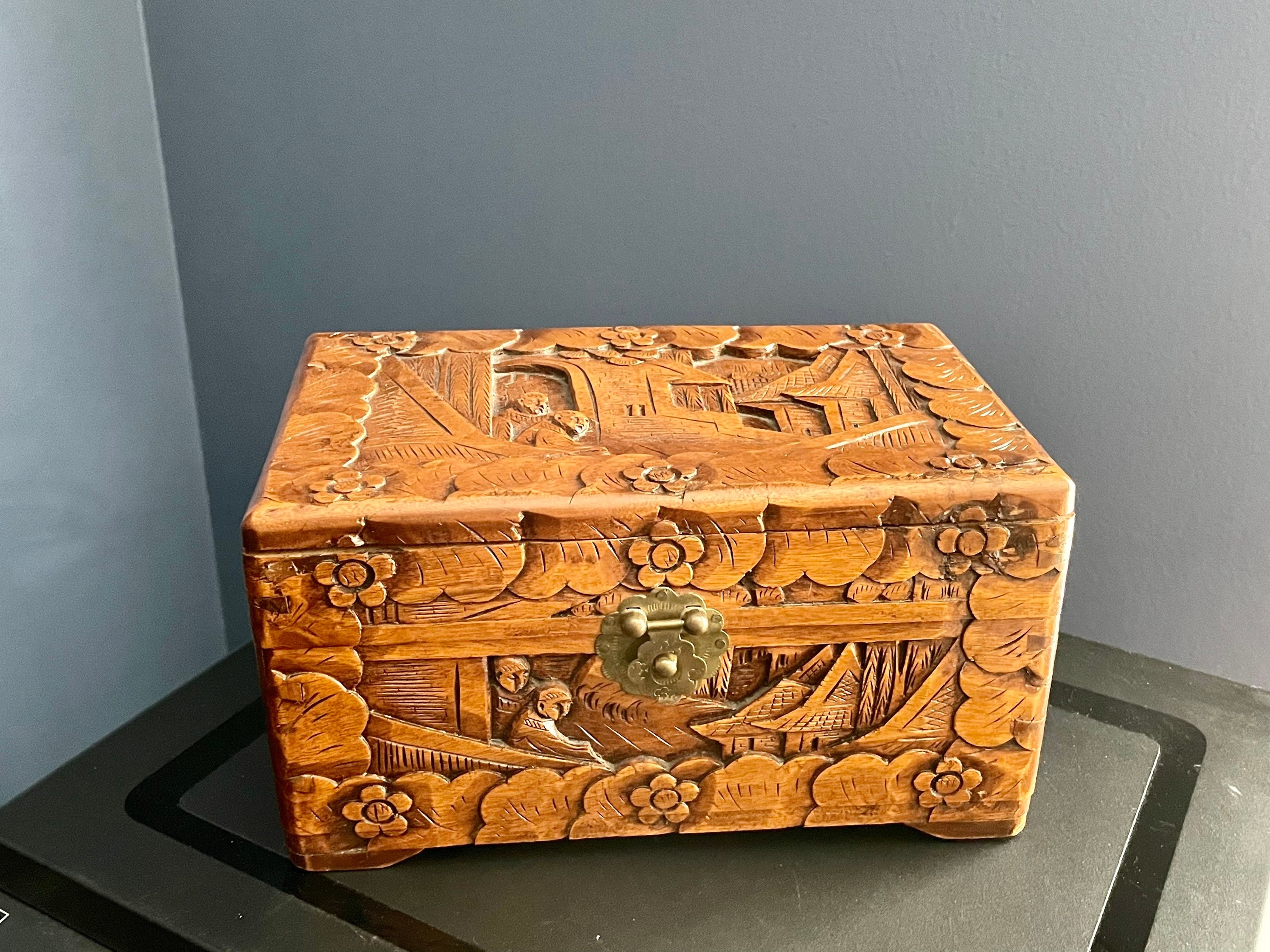 Carved Box Vintage Wooden Storage Box Asian Inspired | Etsy