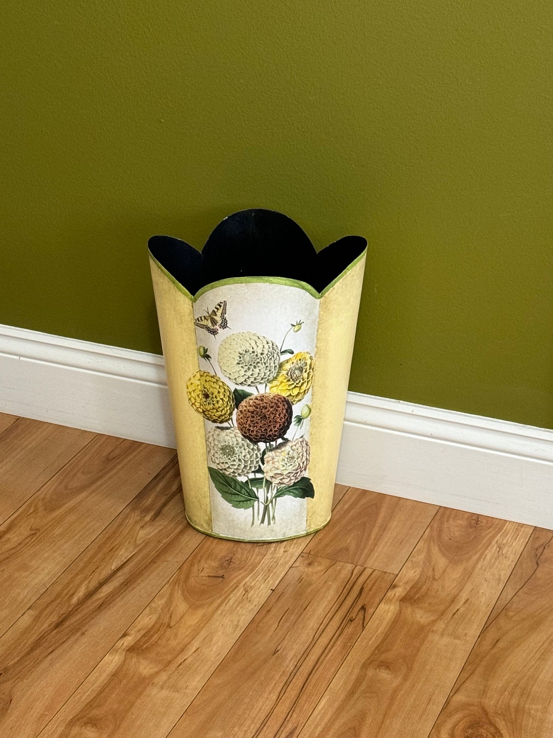 Vintage Metal Waste Can Floral Decoupage Trash Can Metal Planter ...