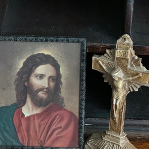 Vintage Composite Wood Crucifix and Framed Jesus Catholic Religious ...
