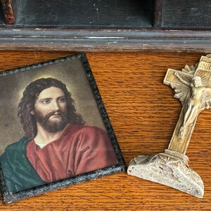 Vintage Composite Wood Crucifix and Framed Jesus Catholic Religious ...
