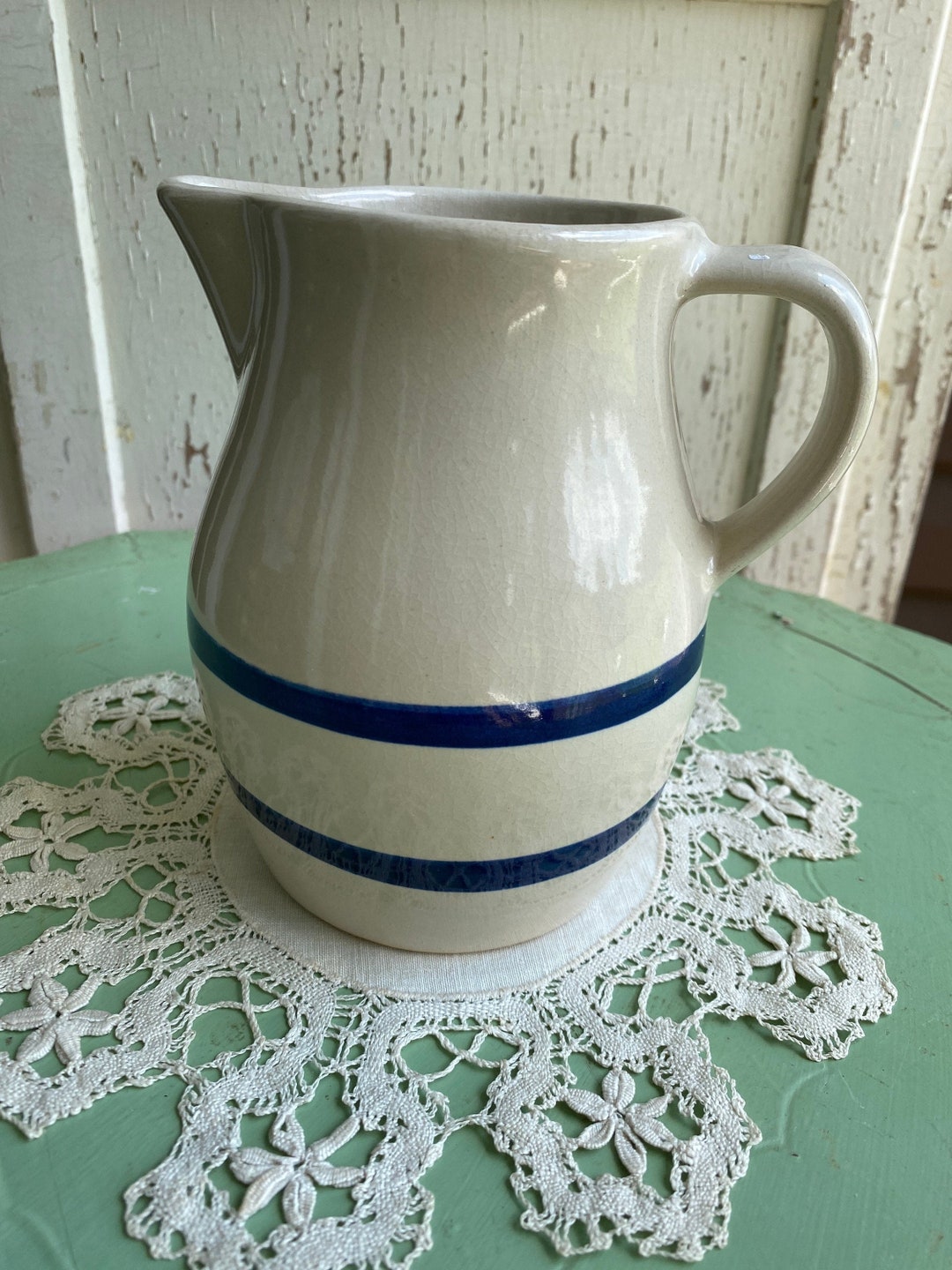 Vintage Roseville Pottery Pitcher Blue Stripe Americana Farmhouse ...