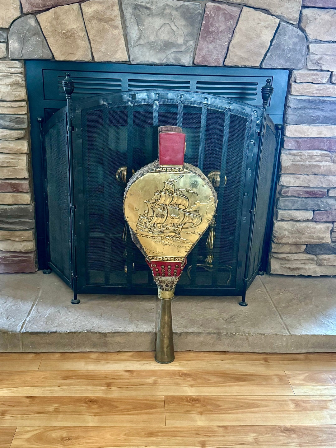 HUGE Bellows Unique Vintage Brass Repousse Fireplace Bellow Sailing ...