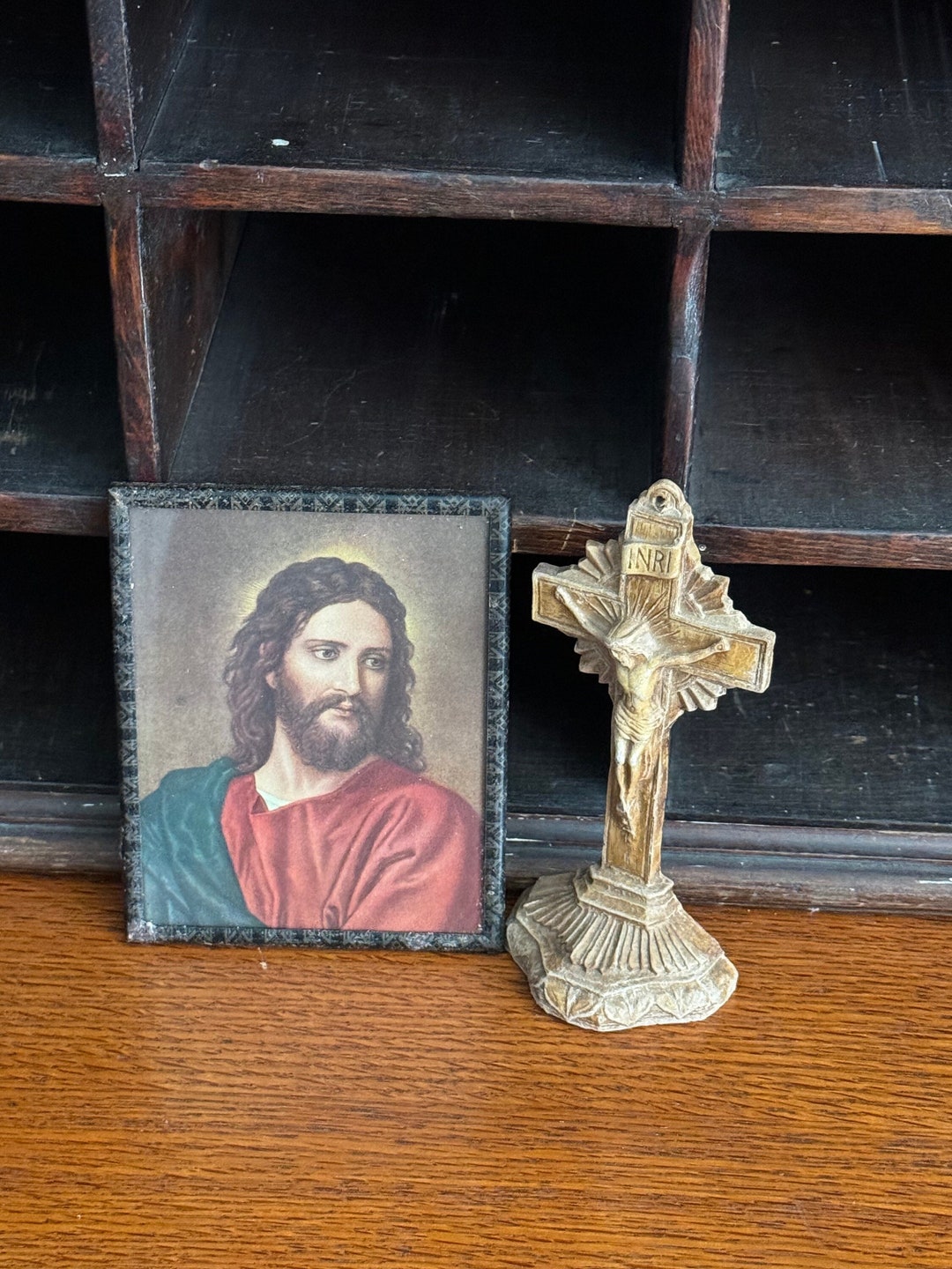 Vintage Composite Wood Crucifix and Framed Jesus Catholic Religious ...