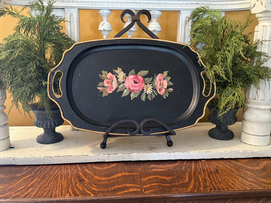Lovely Vintage Hand Painted Black Tole Tray Double Handled Floral ...