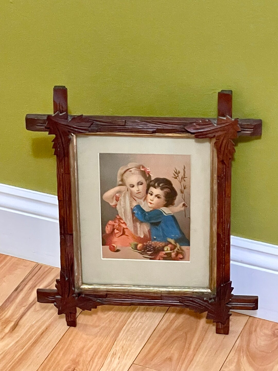 Vintage Hand Carved Adirondack Frame Criss Cross Frame Victorian Print ...