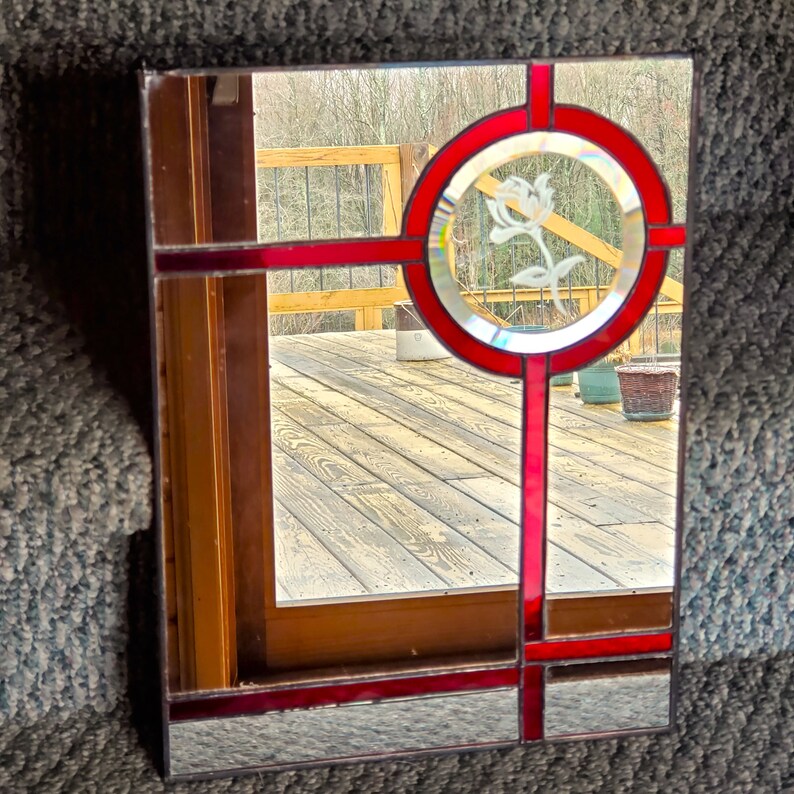 Wall Mirror, Etched Rose Beveled Mirror With Red Mirrored Stained Glass ...