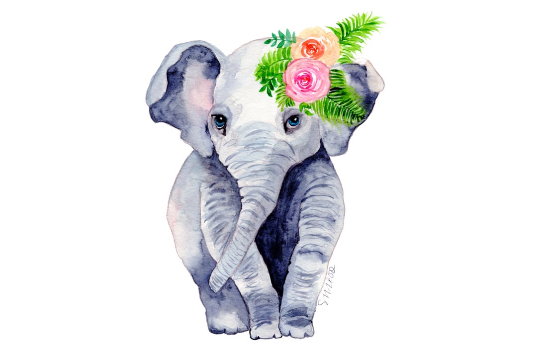 Watercolor Baby Girl Elephant Art Print | Cute Nursey Decor | Floral ...