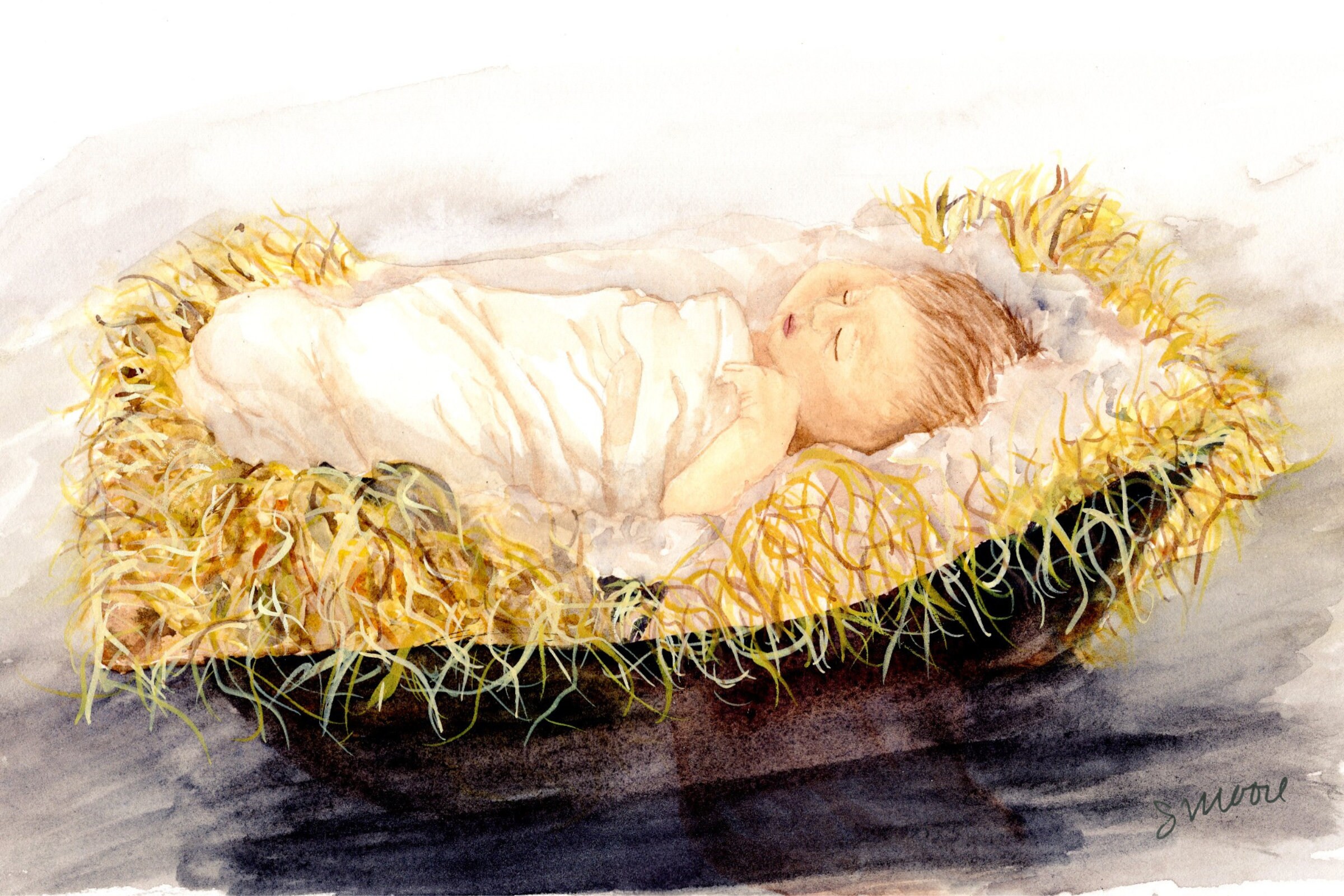 Watercolor Baby Jesus in Manger Art Print | Christmas Wall Art ...