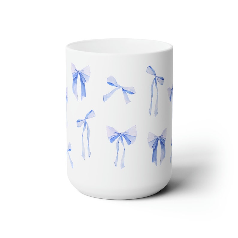 Blue Ribbons 15oz Coffee Mug, Coquette Aesthetic Coffee Cup, Cute Chic ...