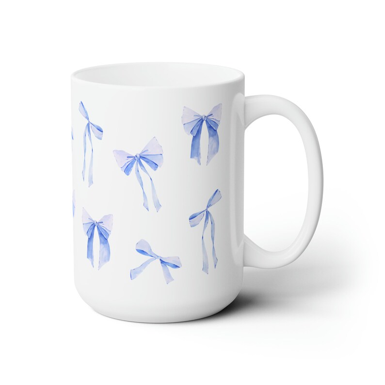 Blue Ribbons 15oz Coffee Mug, Coquette Aesthetic Coffee Cup, Cute Chic ...