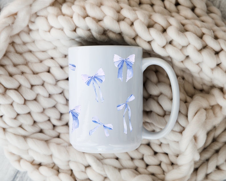 Blue Ribbons 15oz Coffee Mug, Coquette Aesthetic Coffee Cup, Cute Chic ...
