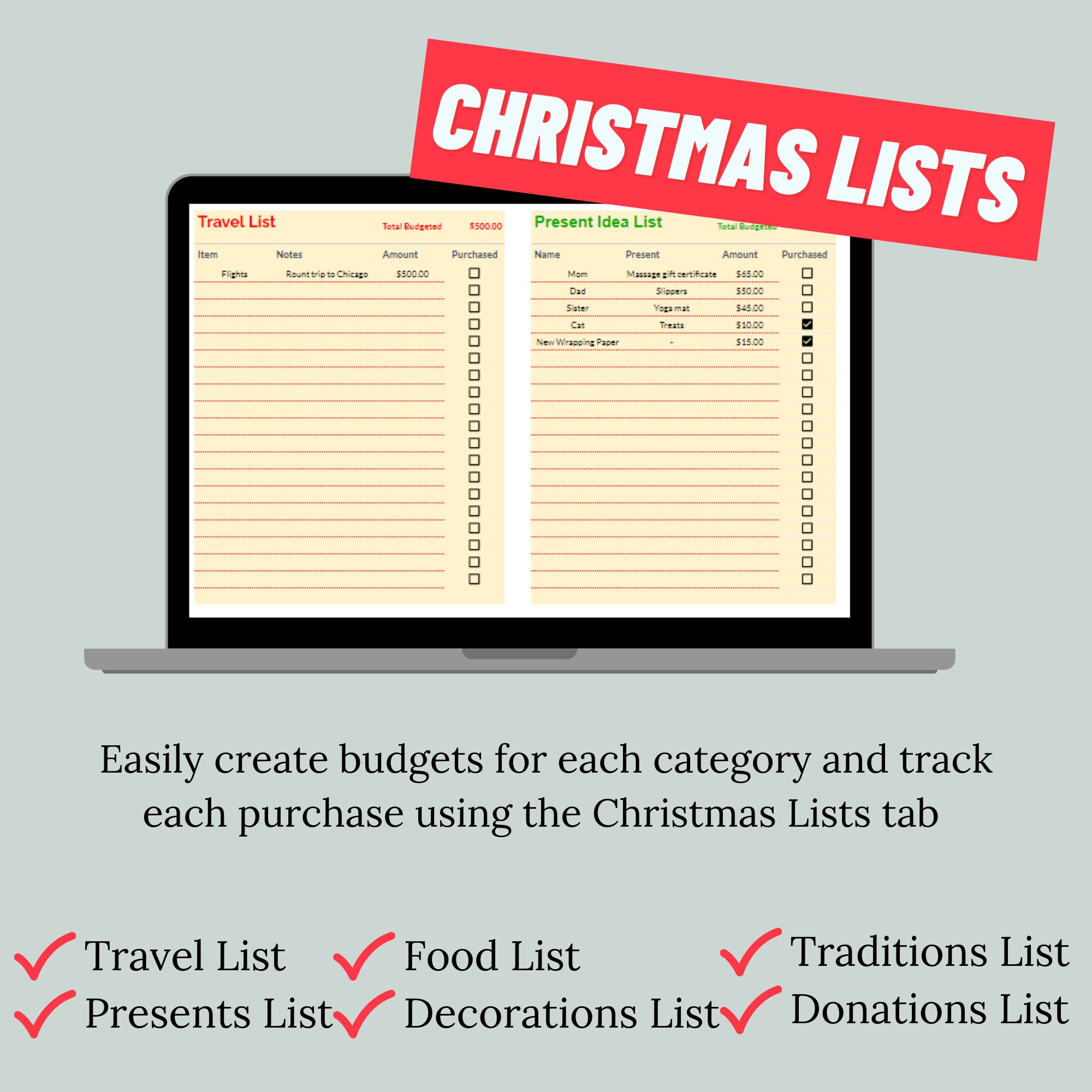 Christmas Budget Spreadsheets, Google Sheets, Instant Download, Holiday ...