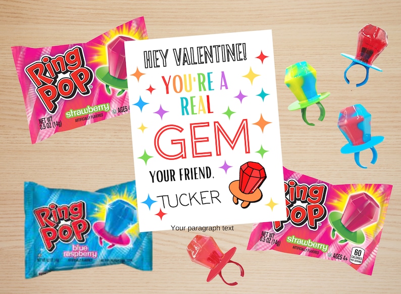 PRINTABLE Valentine Card, Ring Pop Valentine Card, Printable Classroom ...