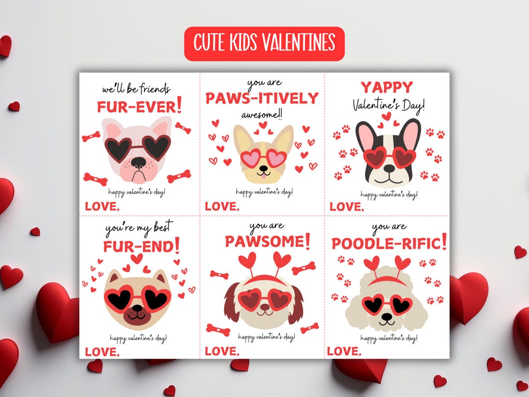 Printable Dog Valentine Cards, Classroom Valentines Day Cards, Kids ...