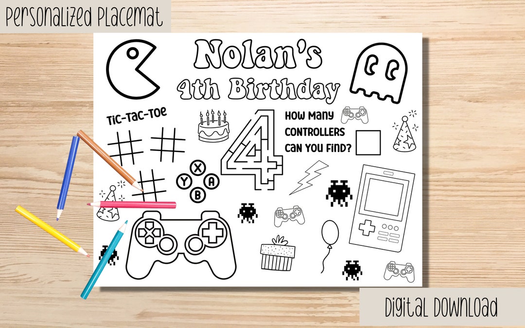 Personalized Video Game Coloring Placemat | Player Party Activity ...