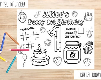 Strawberry Coloring Page Printable Berry First Sweet Birthday Placemat ...