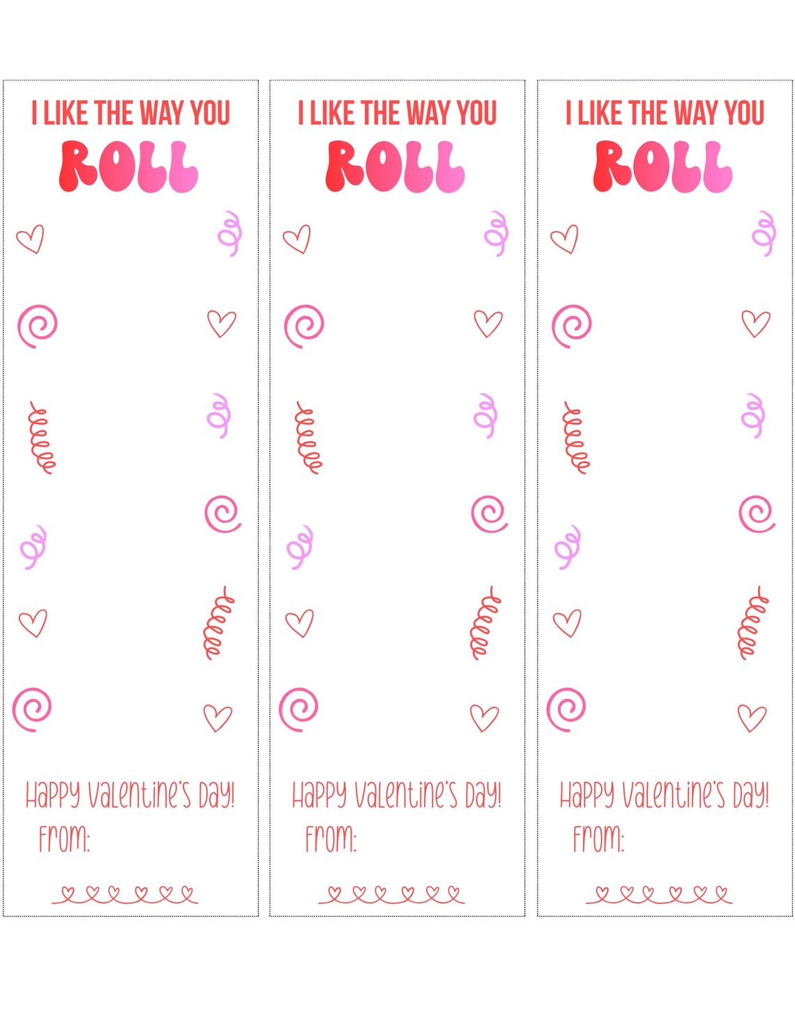 I Like the Way You Roll Valentine, Kids Classroom Valentine, Printable ...