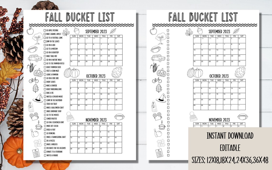Printable Fall Calendar Poster, Fall Activities Calendar, Autumn ...