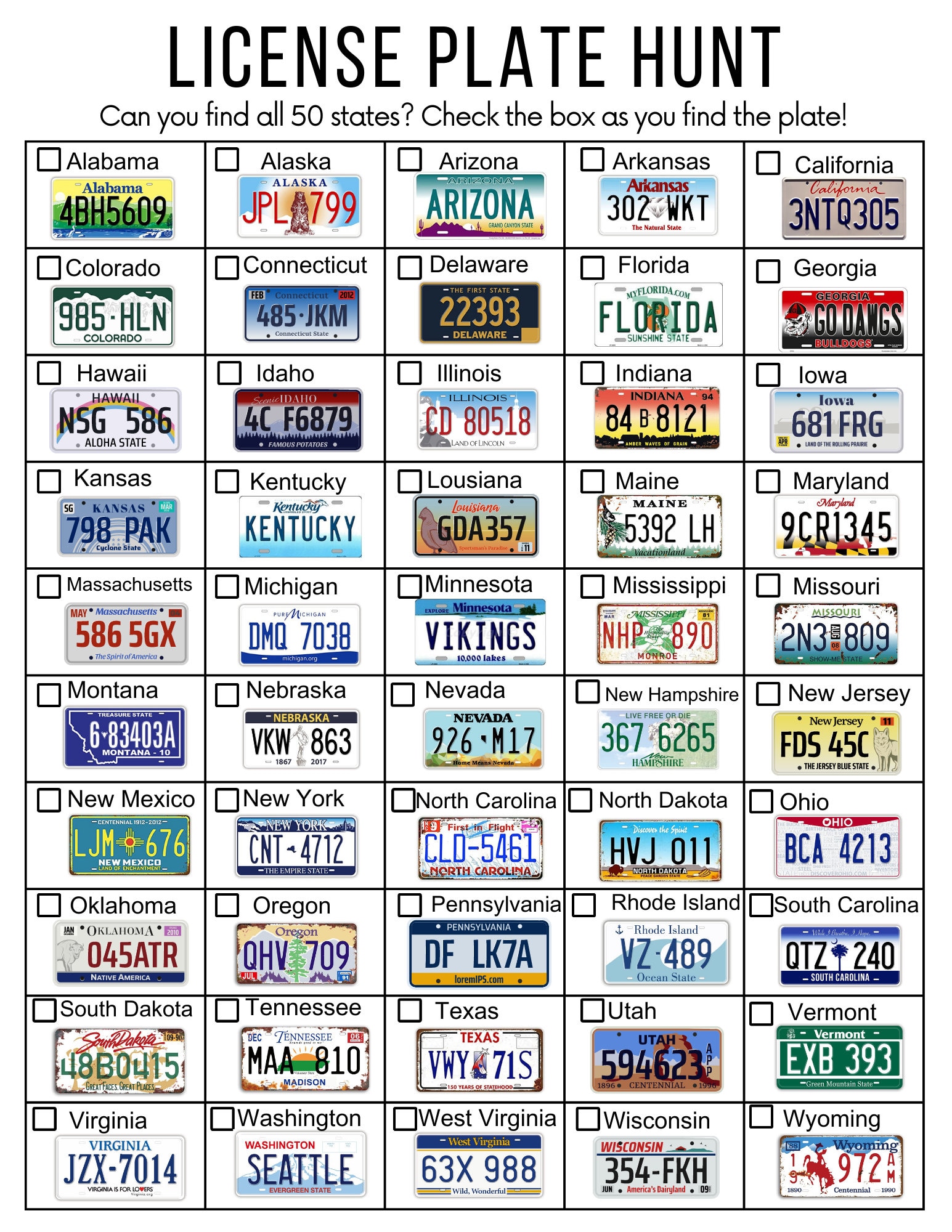 Road Trip License Plate Game- Kids Activity- Digital Download ...