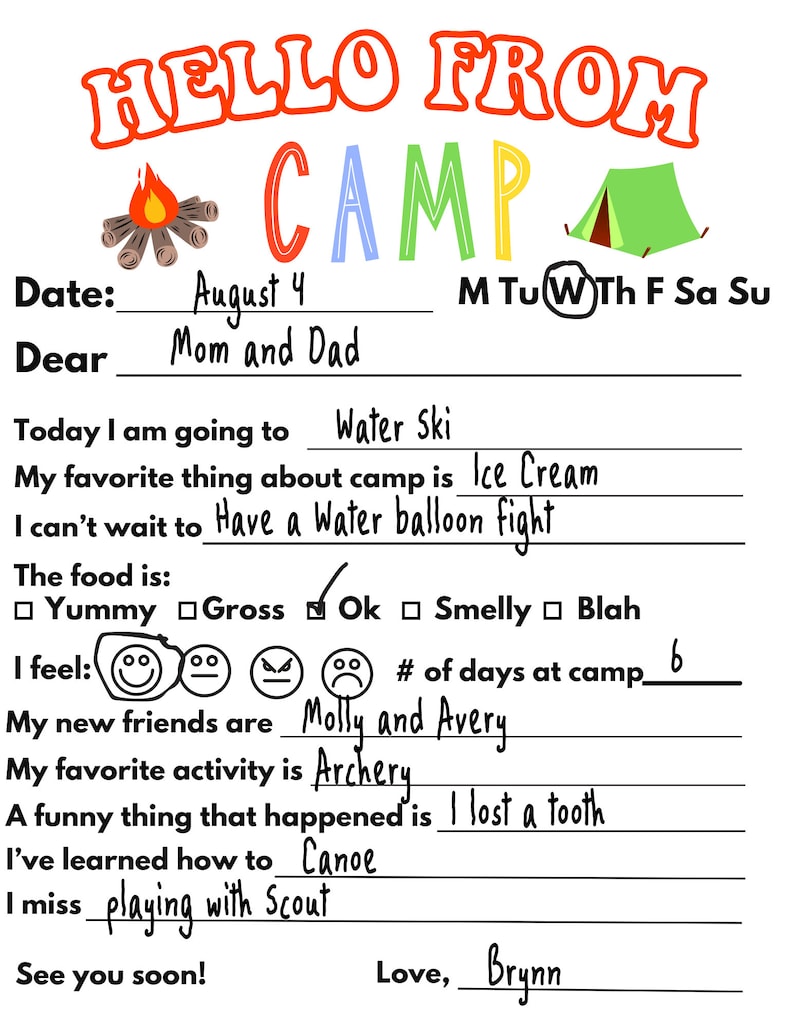 Printable Summer Camp Letter, Printable Letter From Camp, Summer Camp ...