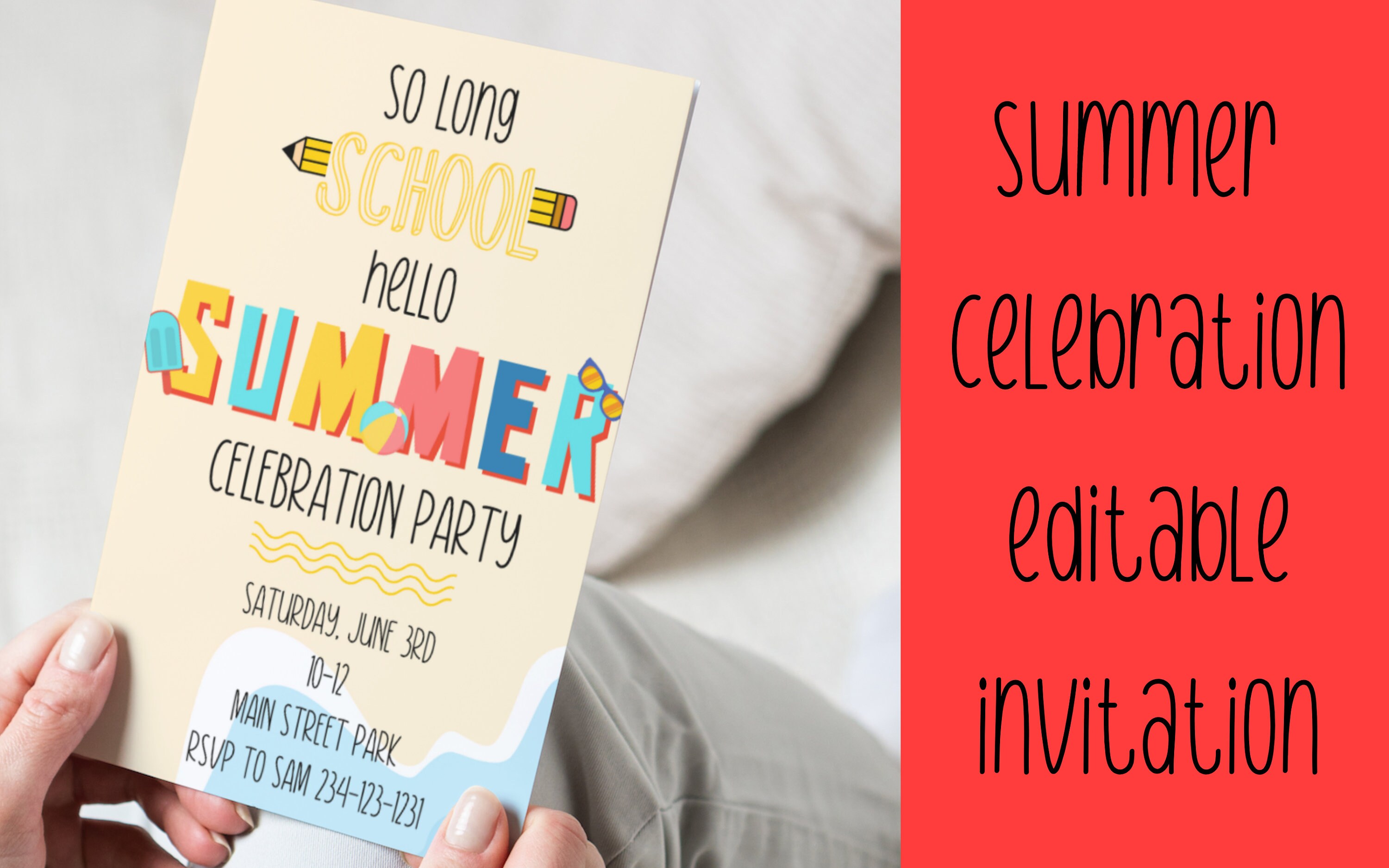 End of School Party Invitation, Hello Summer, Schools Out, Colorful ...