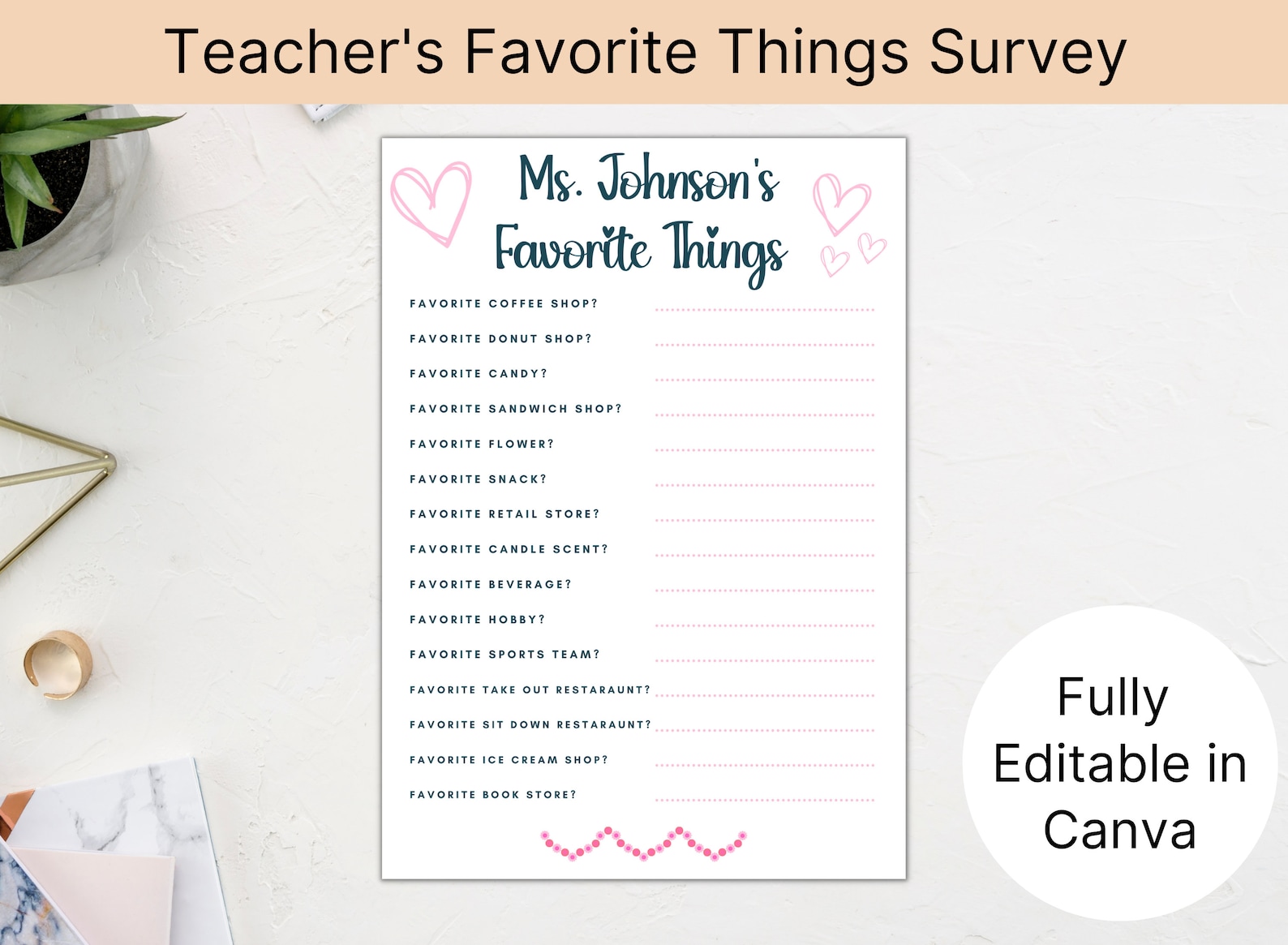 Favorites Survey, Printable, Editable Questionnaire, Favorite Things ...