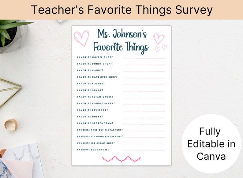 Favorites Survey, Printable, Editable Questionnaire, Favorite Things ...