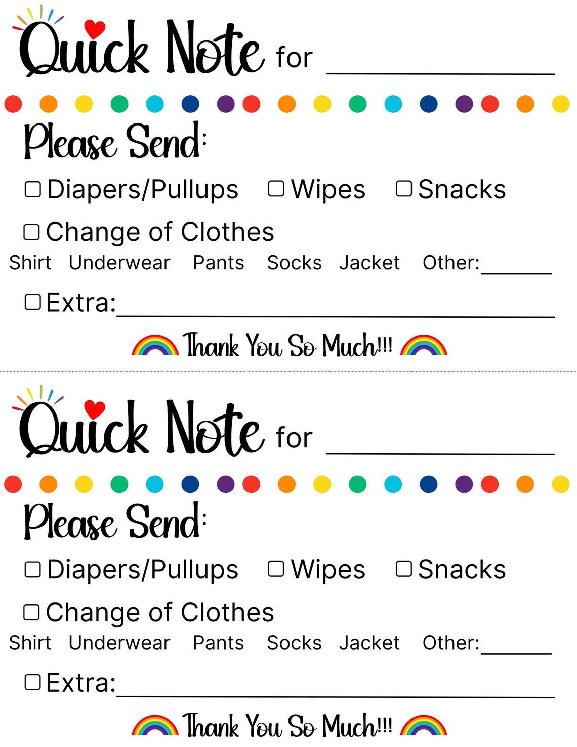 Daycare Quick Note to Parents - Printable Daycare Communication Card ...