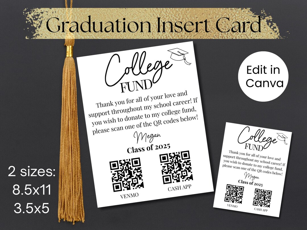 Editable Graduation Insert Card, College Fund QR Code Card, Tip the ...