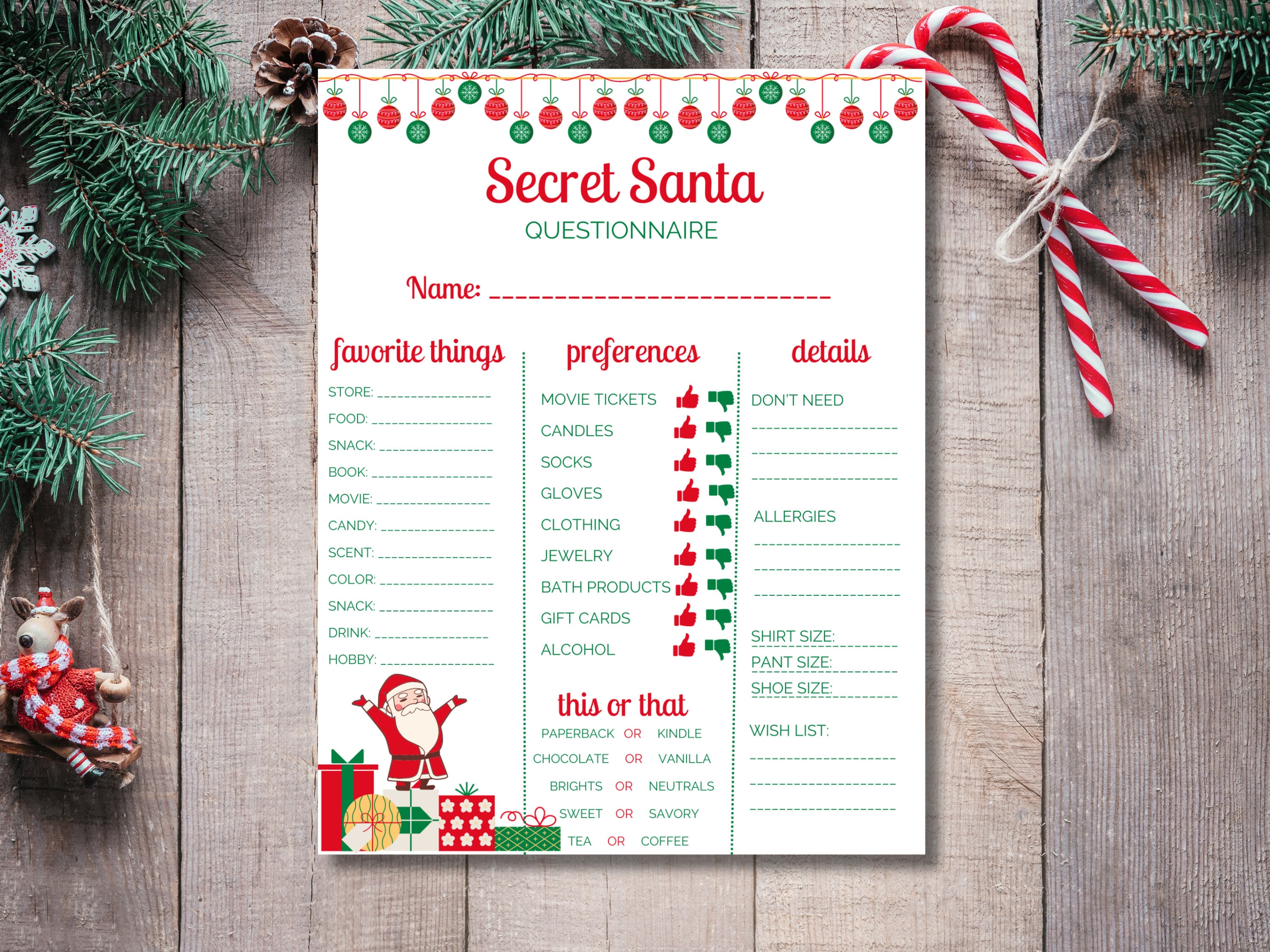 Secret Santa Questionnaire Printable Secret Santa - Etsy