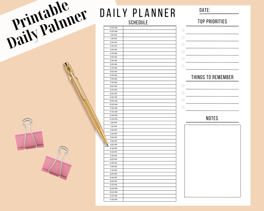24 Hour Daily Planner Printable, Hourly Planner, Time Blocking Template ...