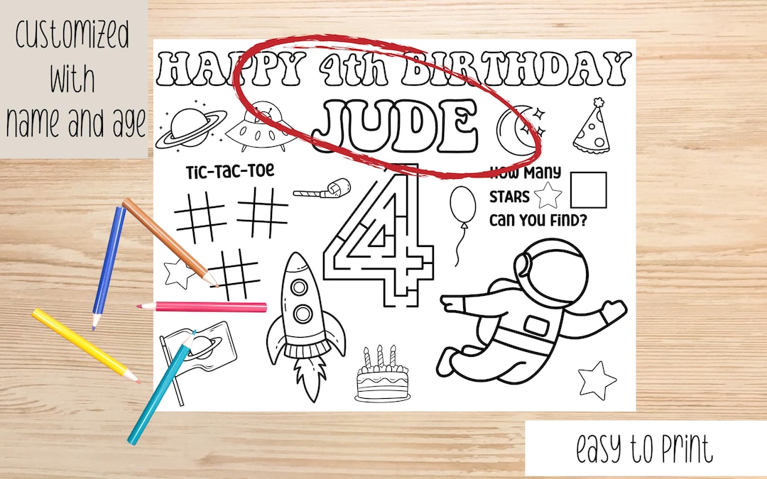 Outer Space Birthday Coloring Placemat -children Activity Outer Space ...
