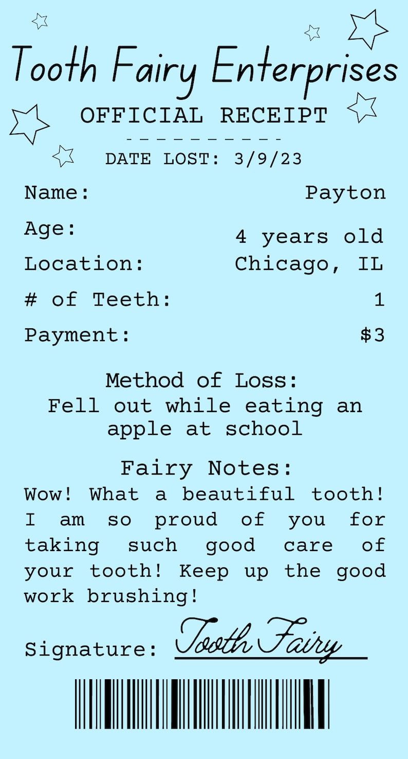 Editable Tooth Fairy Receipt Printable Tooth Fairy Receipt - Etsy