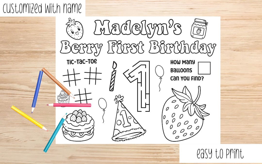 Berry First Birthday - 1st Birthday Strawberry Coloring Placemat ...