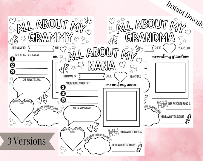 All About My Grammy, Grammy Mothers Day Packet, Grandma Gift, All About ...