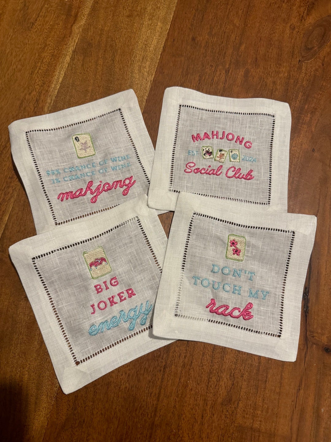 Mahjong Embroidered Cocktail Napkins - Mahjong Social Club Cocktail ...