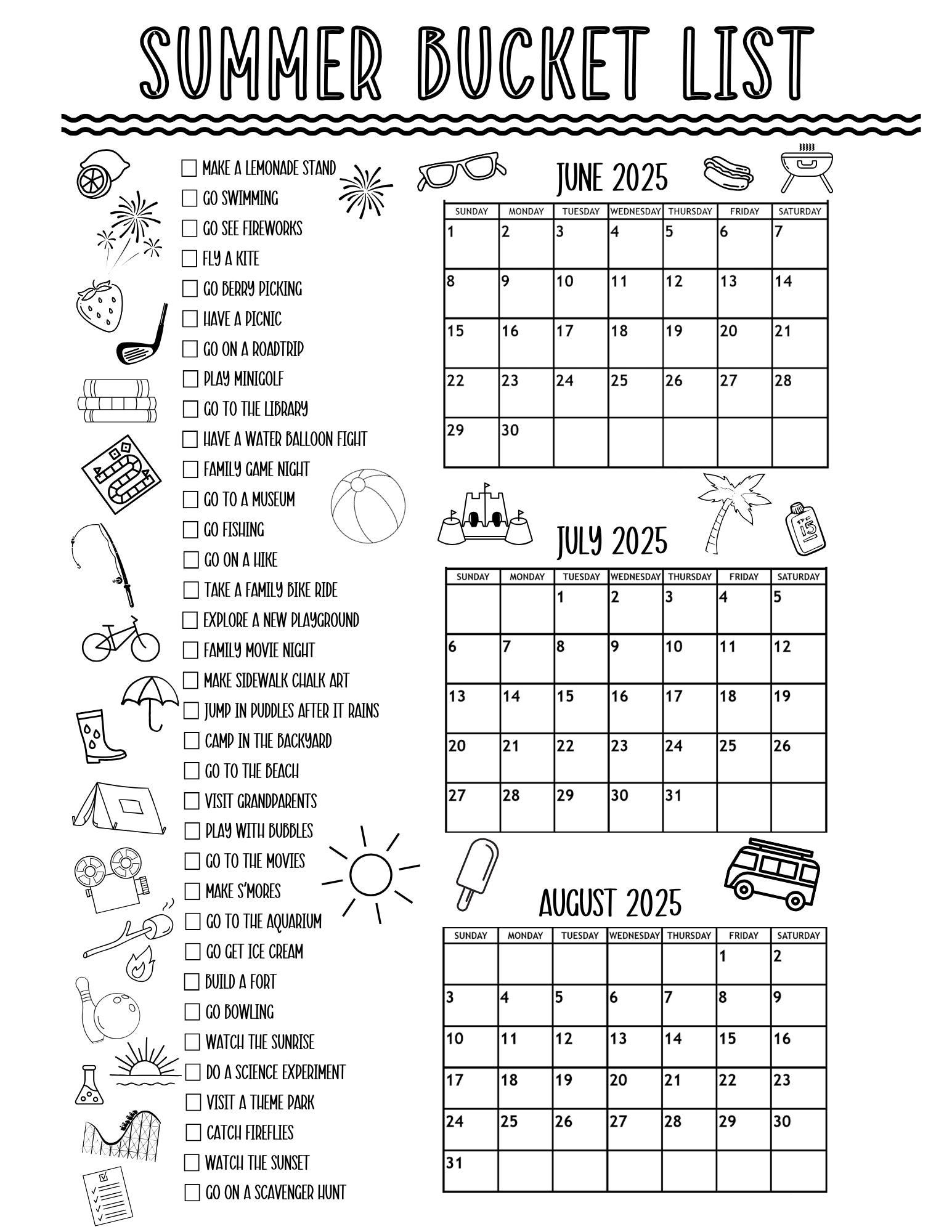 Summer Activity Calendar, Summer of Fun Coloring Poster, Big Summer ...