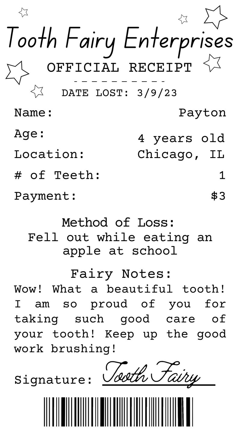 Editable Tooth Fairy Receipt Printable Tooth Fairy Receipt - Etsy